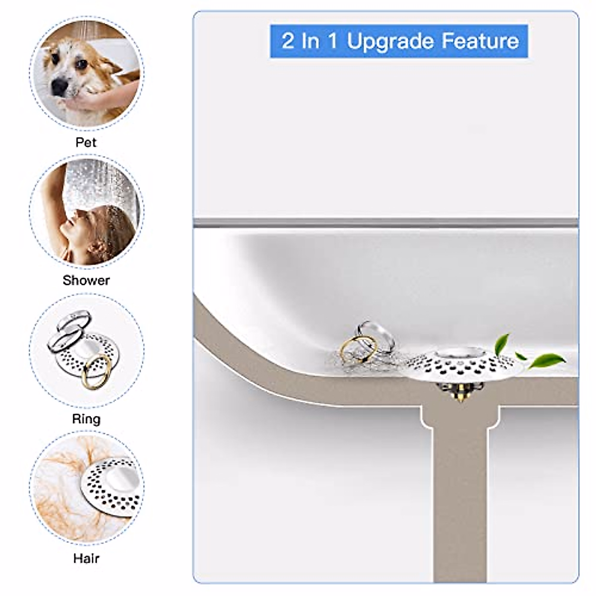 FALALA Universal Bathtub Stopper with Drain Hair Catcher, Upgraded Tub Stopper with Dual Filtration Design, Pop Up Bathtub Drain Plug for 1.6"-2.0" Drain Hole