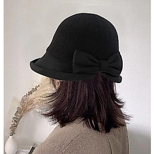 Womens 1920s Vintage Upturn Brim Wool Blend Cloche Church Hat Winter Felt Bucket Bowler Hat Crushable Foldable Black