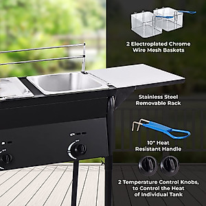 KEEKR Two Tank Outdoor Black Deep Fryer | Propane Deep Fryer Propane with 2 Stainless Steel Basket & Lid Covers | Large Oil Tank Capacity with Regulating Knobs