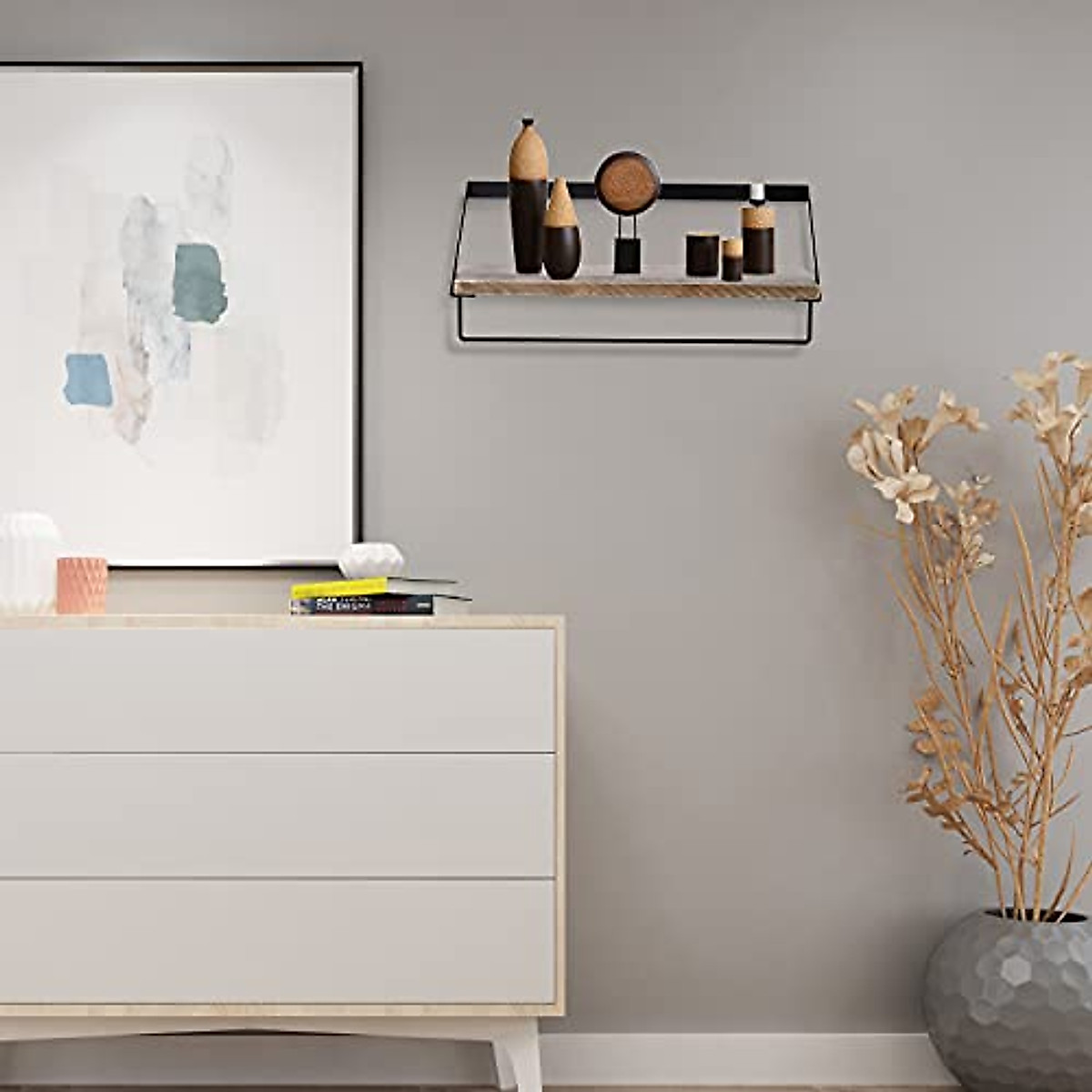 JCRUBAN Floating Shelves Wall Mounted Storage Shelves with Metal Frame and Towel Holder Rustic Wood Wall Shelves for Bedroom Living Room Bathroom Kitchen Office