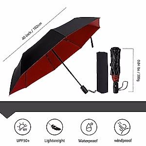 ALFROTEY Compact Travel Umbrella for Rain Portable Automatic Open and Close Windproof Sun Umbrella UV Protection Lightweight Small Folding Car Umbrella for Women and Men (Black-Red, L)