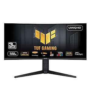 ASUS TUF Gaming 34” Ultra-Wide Curved HDR Monitor (VG34VQEL1A) - 21:9, UWQHD (3440 x 1440), 100Hz, Extreme Low Motion Blur, FreeSync, 1ms, DisplayPort, HDMI, USB, Tripod Socket, Height Adjustable
