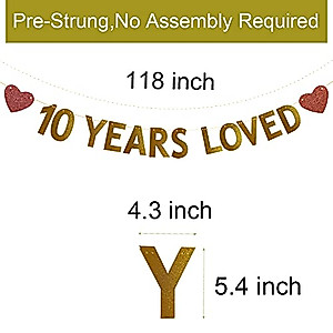10 YEARS LOVED Banner for 10th Birthday /Wedding Anniversary Party Decorations Supplies, Pre-strung, No Assembly Required, Gold Glitter Paper Garlands Banner, Backdrops, Letters Gold, Betteryanzi