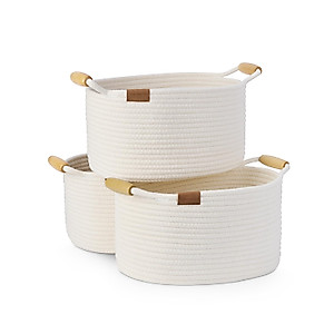 StorageWorks Woven Basket, Cotton Rope Basket for Organizing, 13 inch Rope Storage Basket, Cute Small Woven Basket with Wooden Handles, Decorative Woven Storage Basket, White, 3-Pack