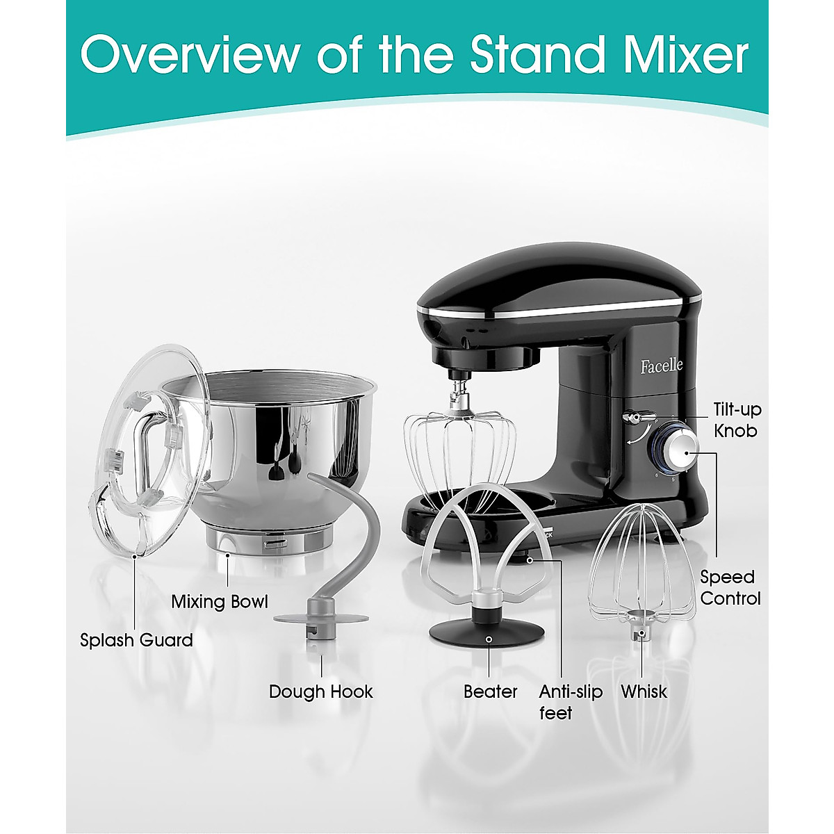 3-IN-1 Electric Stand Mixer, Facelle 6 Speed Kitchen Mixer with Pulse Button, Attachments include 6.5QT Bowl, Dishwasher Safe Beater,Dough Hook,Whisk,Splash Guard for Dough,Baking,Cakes,Cookie (Black)