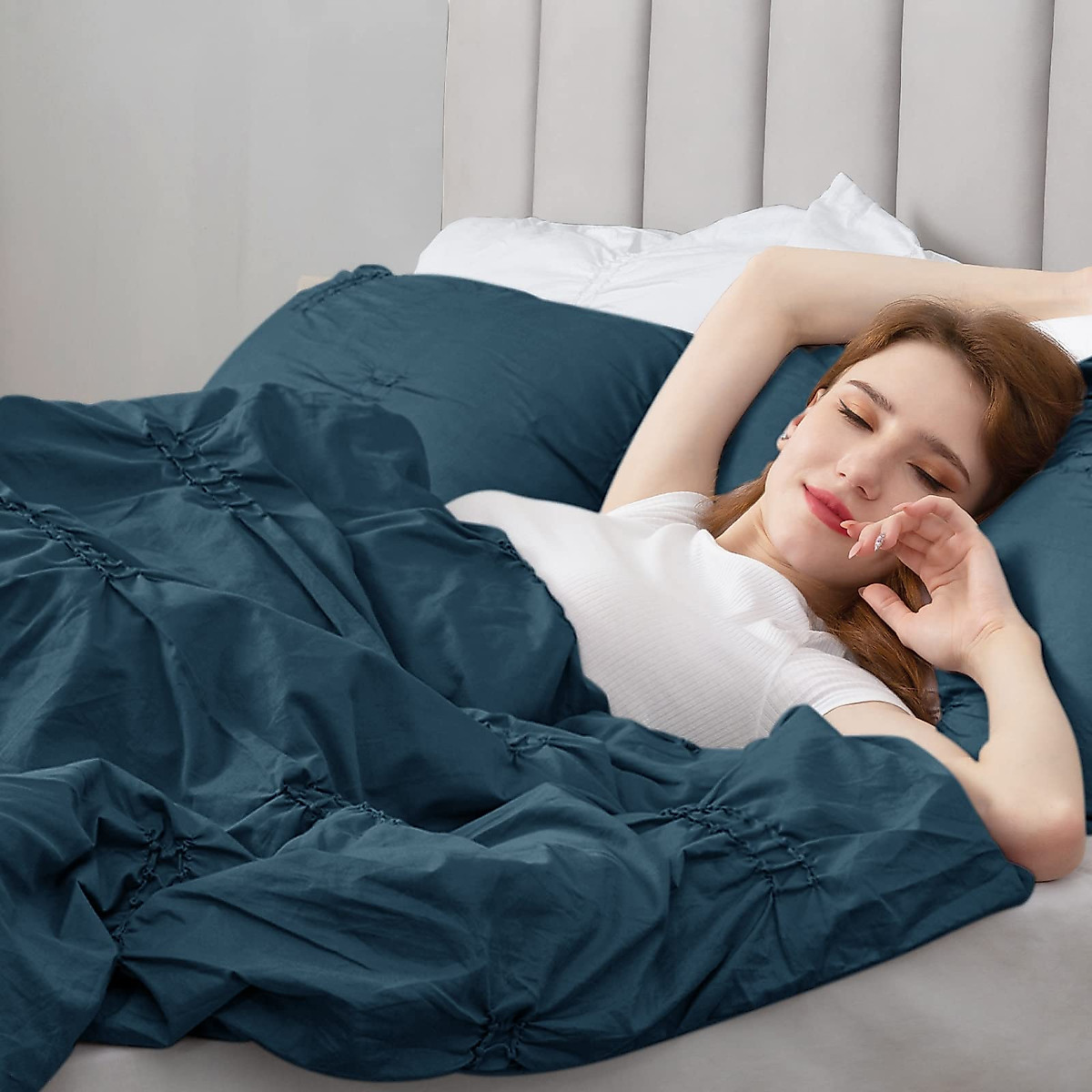 greenoak 100% Egyptian Cotton Pinch Pleated Queen Bedding Comforter Duvet Cover Sets, 1000 Thread 3 Pcs Ultra Soft Cotton Comforter Cover with Pillowcase (1 Duvet Cover + 2 Pillow Cases)