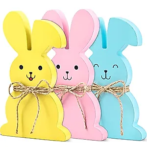 Inwnpio Easter Decorations for the Home - Easter Bunny Wooden Sign Table Decoration Centerpieces with Rope Tabletop Spring Decor 3PCS