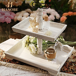 Hanobe Tiered Tray for Table Decor: 2 Tier Serving Stand Farmhouse Decorative Tray for Coffee Bar Centerpiece Rectangle Wood Display Stands Kitchen Counter (White)