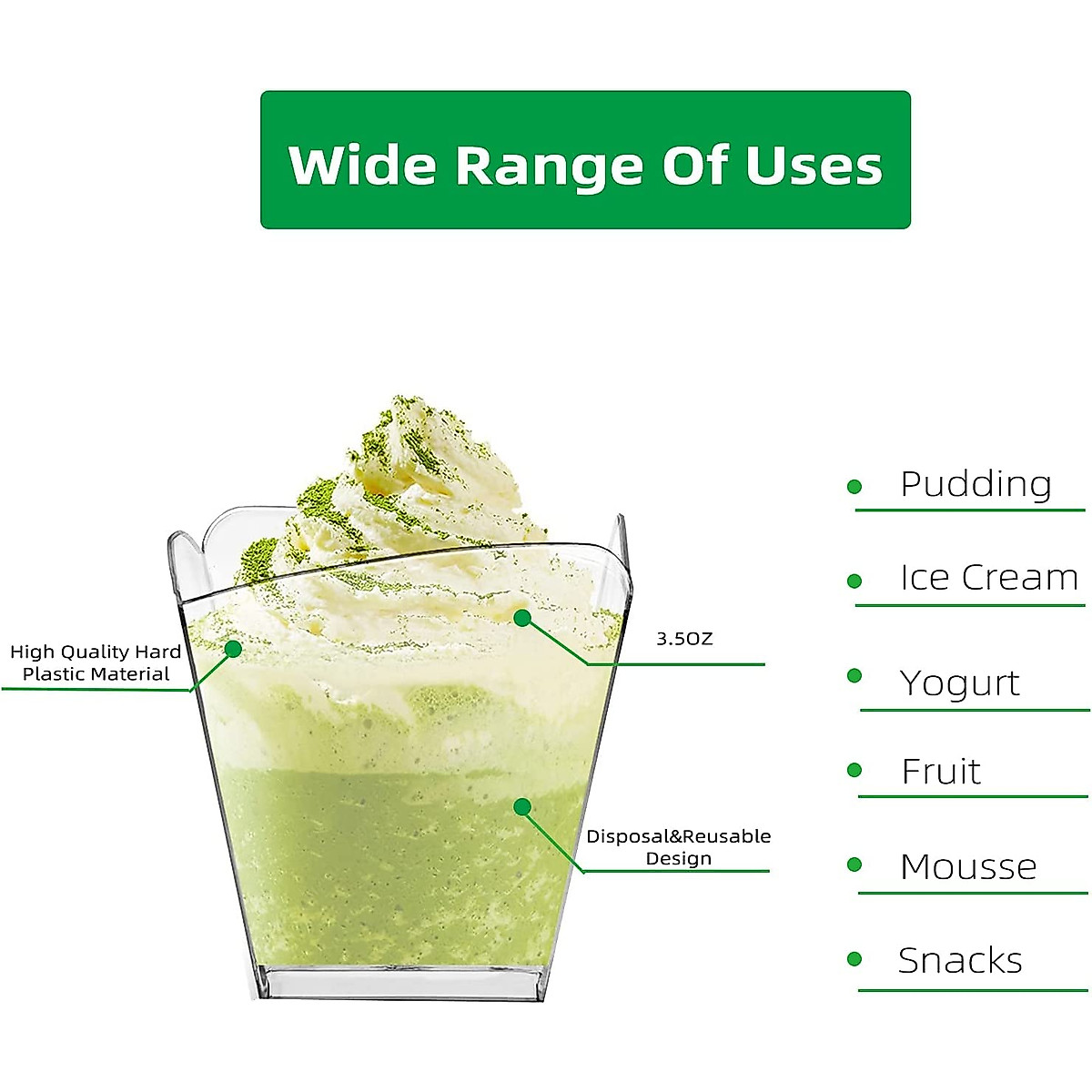 PLAZOTTA 100 Pack 3.5 oz Clear Plastic Dessert Cups with 100 Tasting Spoons, Square Parfait Appetizer Cups for Party, Weddings