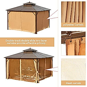 MELLCOM 12'x12' Hardtop Gazebo, Galvanized Steel Metal Double Roof Canopy Curtains and Netting, Outdoor Permanent Canopy Gazebos with Aluminum Frames for Patios, Gardens, Lawns
