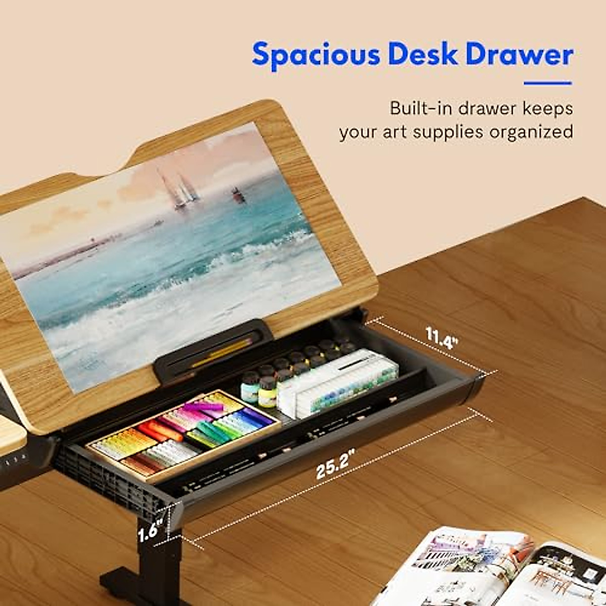 FLEXISPOT Electric Drafting Table Adjustable Height Standing Drawing Desk Extendable Top Craft Workstation w/Tilting Tabletop, Storage Drawer for Study, Office, Studio, Art, Adult & Kid, 47.2"x23.6"