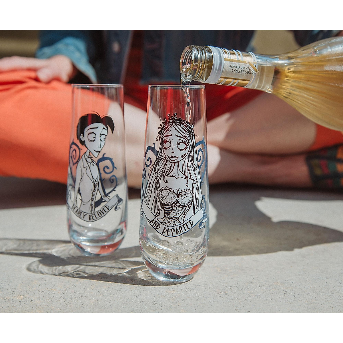 Silver Buffalo Tim Burton's Corpse Bride Dearly Beloved 9-Ounce Stemless Fluted Glassware, Set of 2 | Toasting Champagne Glass Cups For Wine, Mimosas, Cocktails