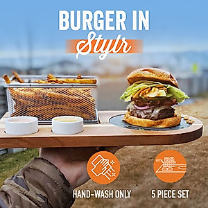 Yukon Glory™ Burger Serving Set, Perfect For Foodies, Burger Lovers and Tablescapes, Includes Premium Acacia Wood Board With Slate, Stainless Steel Fry Basket and Porcelain Condiment Cups,
