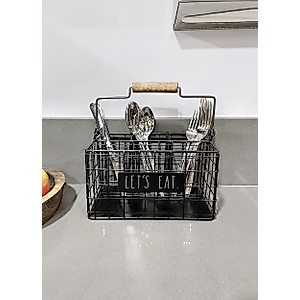 Rae Dunn 6 Section Utensil Caddy - Silverware Holder, Cutlery Caddy for Fork, Knife and Spoon - Rustic Farmhouse Metal Grid-Iron Frame - Kitchen Organizer and Countertop Space Saver for Flatware