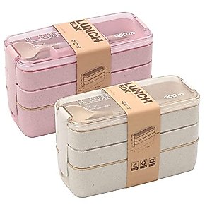 Rarapop 2 Pack Stackable Bento Box Japanese Lunch Box Kit with Spoon & Fork, 3-In-1 Compartment Wheat Straw Meal Prep Containers for Kids & Adults (Pink/Beige)