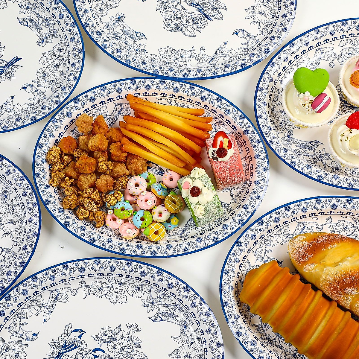 50 PCS Blue Floral Oval Paper Plates Blue & White Floral Party Tableware Set Blue and White Flowers Disposable Party Supplies Bridal Birthday Baby Shower Tea Dinnerware Plates Napkins Forks Serve 50