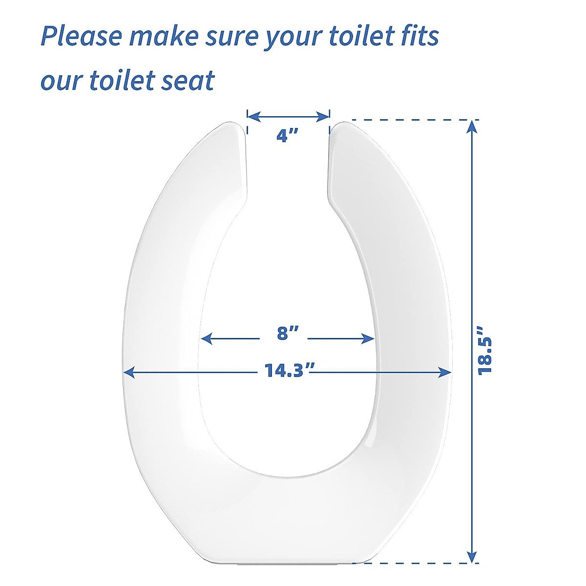 Commercial Heavy Duty Open Front Toilet Seat Without Cover, Thickened Material, Never Loosen, ELONGATED, White (18.5”), 1-Pack