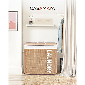 CASAMAYA Laundry Basket, 33.6 Gal (127L) Bamboo Laundry Hamper with 2 Section, Hamper with lid, Foldable, Removable and Machine Washable Liner, for Laundry Room, Bedroom, Natural LHB127Y01
