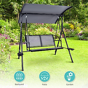 Backyard Expressions 2 Person Patio Swing with Grey Sling Fabric and Black Metal Frame - 450 lbs Weight Capacity