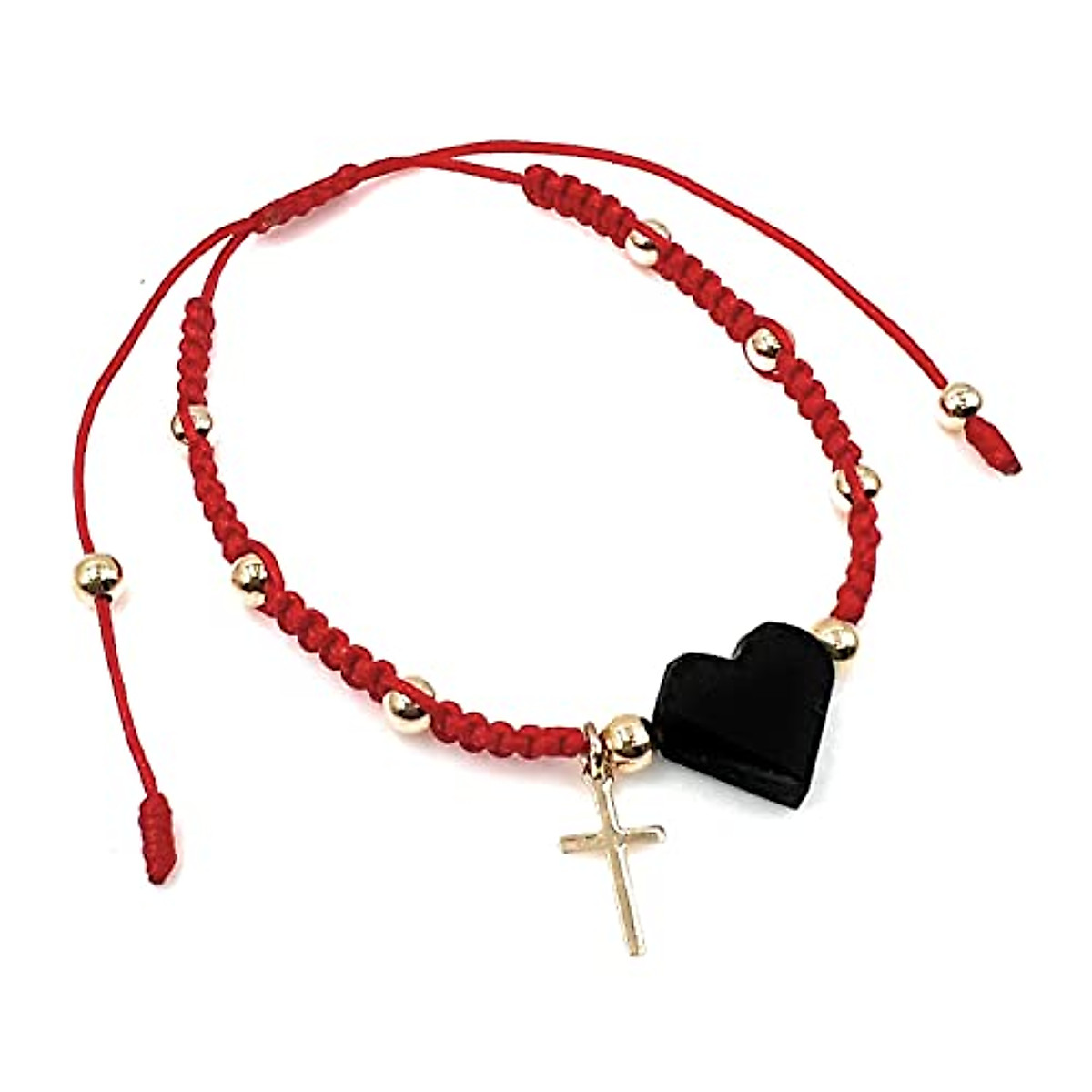 LESLIE BOULES Red Thread Genuine Heart Azabache Bracelet with Tiny Gold Plated Catholic Cross Handmade Jewelry