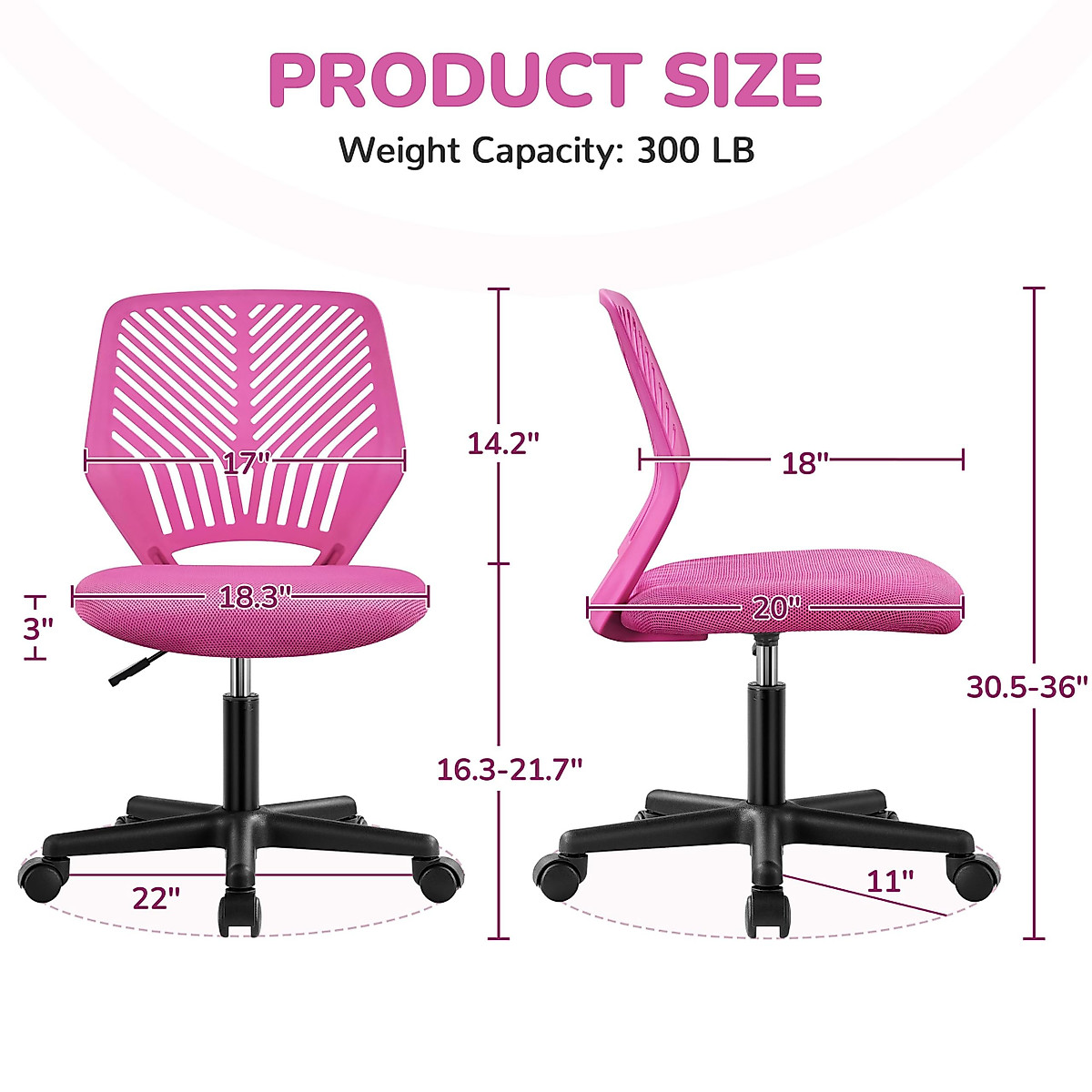 Yaheetech Students Cute Desk Chair Low-Back Armless Study Chair w/Lumbar Support Adjustable Swivel Chair in Home Bedroom School, Rose Red