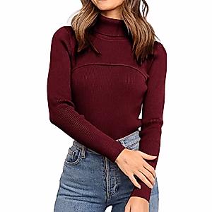 PRETTYGARDEN Women's Fall Fashion Turtleneck Pullover Sweaters Casual Long Sleeve Cable Knit Fitted Jumper Tops (Wine Red,Medium)