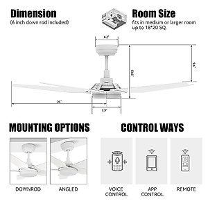 SMAAIR 52 inch Smart Ceiling Fan with Light, 5 Blades Low Profile Ceiling Fan with 10 speed DC Motor and Dimmable LED Light, works with APP/Alexa/Google Assistant/Siri Shortcuts (White)