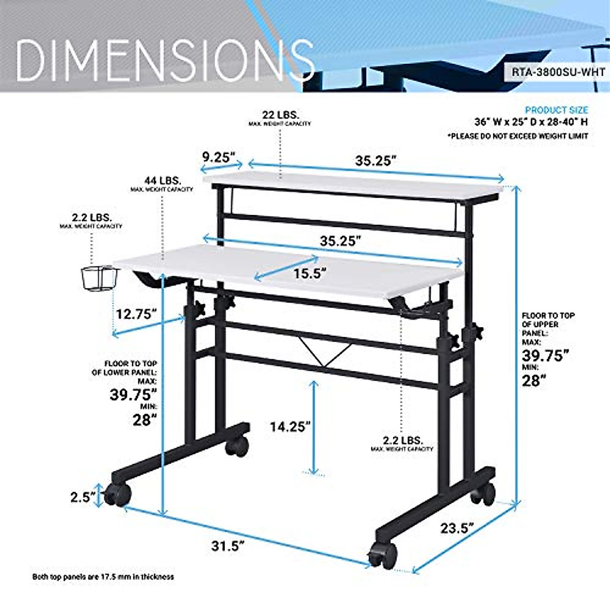 Techni Mobili Rolling Writing Height Adjustable Desktop and Moveable Shelf Desk, 25" D x 44.5" W x 28-39.75" H, White