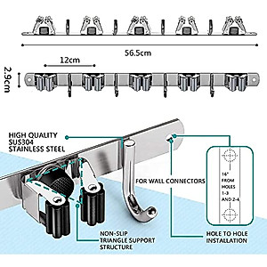 Zollyss Broom Mop Holder Wall Mount Stainless Steel Wall Mounted Storage Organizer Heavy Duty Tools Hanger with 5 Racks 4 Hooks for Kitchen Bathroom Closet Garage Office Garden-1Pc