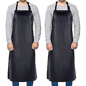 2 Pack Waterproof Rubber Black Vinyl Apron for Men 39" Lightweight Chemical Resistant Industrial Work Apron Adjustable Plastic Aprons for Dishwashing Butcher Dog Grooming Lab Work Fish Cleaning