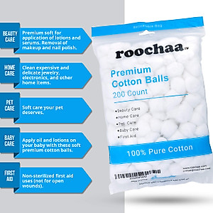 Premium Cotton Balls (200 Count) Absorbent Natural Cotton Balls for Skincare and Makeup Removal, Hypoallergenic Soft and Multi-Purpose for Applying Oil, Lotion, Powder, and for Baby Care