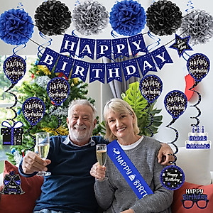Birthday Decorations Blue Black, Happy Birthday Party Decorations for Men Women Boys Girls, Happy Birthday Banner, Double-Sided Bday Pattern Card, Birthday Sash, Pompoms, Hanging Swirl Bday Decor Set