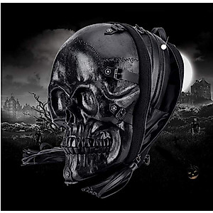 HANXIUCAO 3D Stereo Skull Backpack PU Backpack Waterproof Silicone Embossed Ghost Head Knapsack, Black, Medium