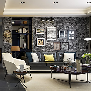 10PCS 3D Wall Panels Peel and Stick 3D Brick Wallpaper Peel and Stick Faux Stone Wall Panel Foam Brick Self-Adhesive Wallpaper (Black,10pcs)