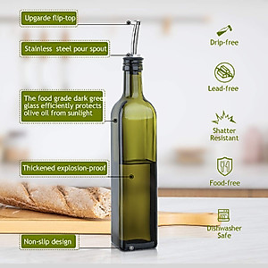 AOZITA 17oz Olive Oil Dispenser Bottle Set with Stainless Steel Holder Rack - 500ml Glass Oil & Vinegar Cruet with No-drip Pourers, Funnel, and Labels - Dark Green & Brown