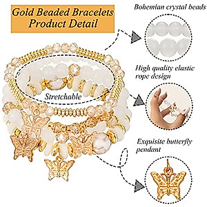 FAXHION Bohemian Bracelets for Women Girls, Gold Beaded Stackable Stretch Bracelet Set, Butterfly Elastic Colorful Charm Bracelets Boho Jewelry (B-bracelet set-4pcs)