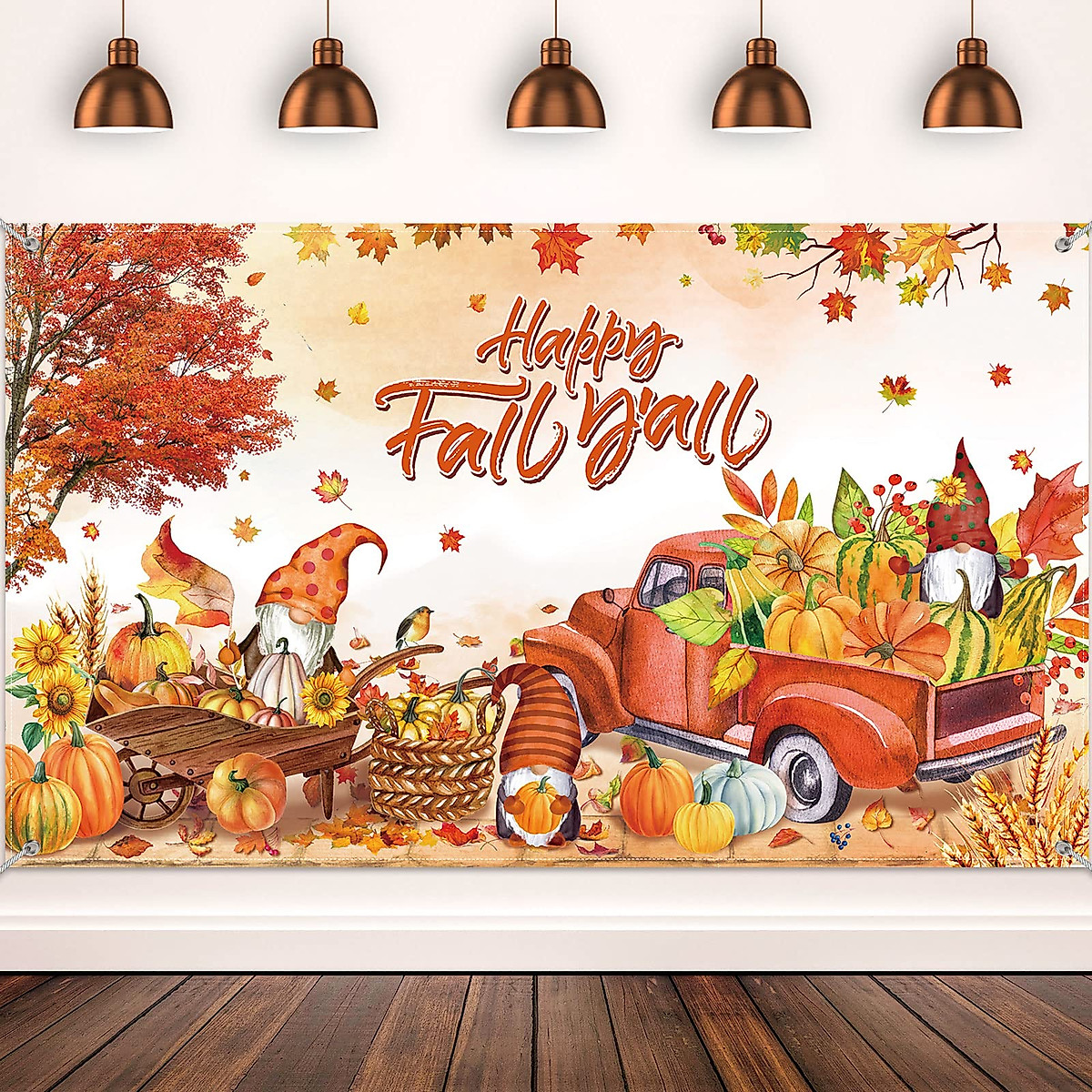 Happy Fall Y'all Backdrop Decoration Gnome Pumpkin Background Fabric for Photography Photoshoot Harvest Holiday Party Banner Photo Props for Autumn Thanksgiving Birthday Baby Shower, 72.8 x 43.3 Inch
