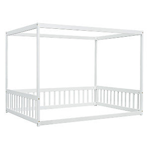 Full Size Canopy Bed Frame with Guardrails for Kids,Floor Bed Full with Four Poster Design,Kids Montessori Floor Bed,Wood Canopy Bed Frame for Girls,Boys(Full,White)