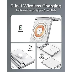 Magnetic Charging Station,Hohosb 3 in 1 Foldable Zinc Alloy Wireless Charger Stand[Compatible with Magsafe Charger] for iPhone 15/14/13/12 Series, AirPods Pro/3/2,Apple Watch/iWatch-White