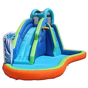 Inflatable Giant Water Slide - Huge Kids Pool (14 Feet Long by 8 Feet High) with Built in Sprinkler Wave and Basketball Hoop - Heavy Duty Outdoor Surf N Splash Adventure Park - Blower Included