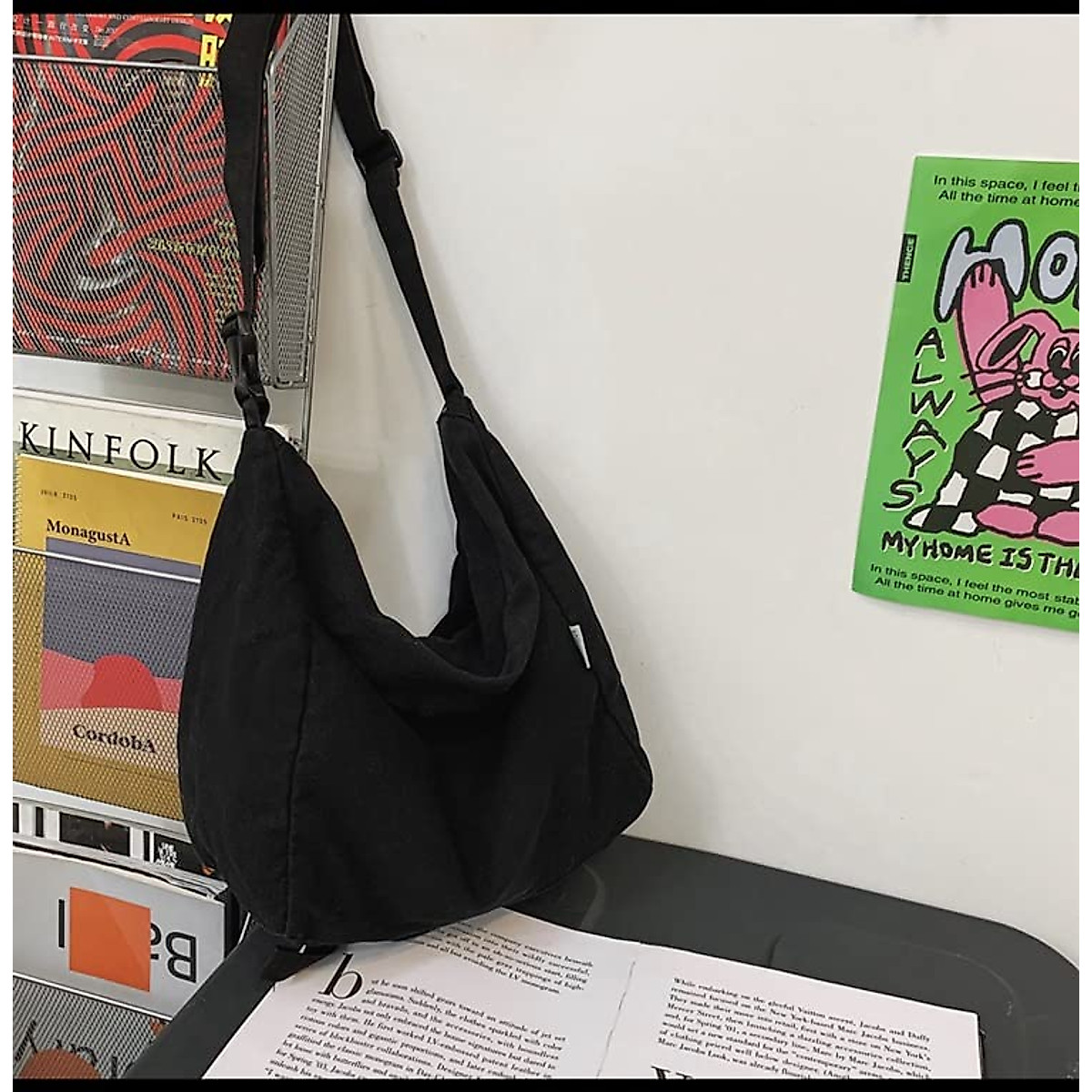 Aesthetic Boho Canvas Crossbody Bag Tote Bag, Women Girls Y2k Harajuku Grunge Shoulder Bag Large Retro Handbag (Black)