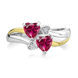 Gem Stone King 925 Silver and 10K Yellow Gold Red Created Ruby and White Lab Grown Diamond Ring For Women (1.22 Cttw, July Birthstone, Heart Shape 5MM, Size 8)