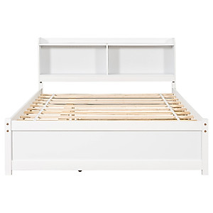 Lifeand Full Wooden Bed with Trundle,Bookcase,White