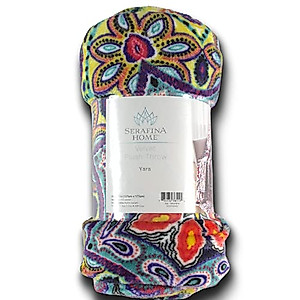 Boho Velvet Fleece Throw Blanket: Soft Plush Bright Decorative Paisley Patterned Accent for Couch or Bed, Colored: Teal Hot Pink Purple Yellow Black