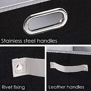 PRANDOM Large Collapsible Storage Bins for Closet [3-Pack] Decorative Fabric Storage Baskets Cubes with Leather/Metal Handles for Shelves Bedroom Living Room Black (14.9x9.8x8.3 Inch)