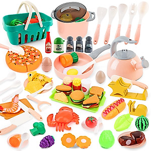 deAO Kids Play Kitchen Accessories with Pots and Pans,Cutting Food Toy,Cookware Utensils,63 PCS Play Food Set-- Kids Kitchen Accessories for Girls Boys Kids