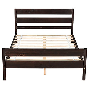Ochangqi Full Size Wood Bed Frame with Headboard and Footboard, Pine Platform Beds for Bedroom, Guest Room w/Wooden Slatted Support, No Box Spring Needed (Espresso)