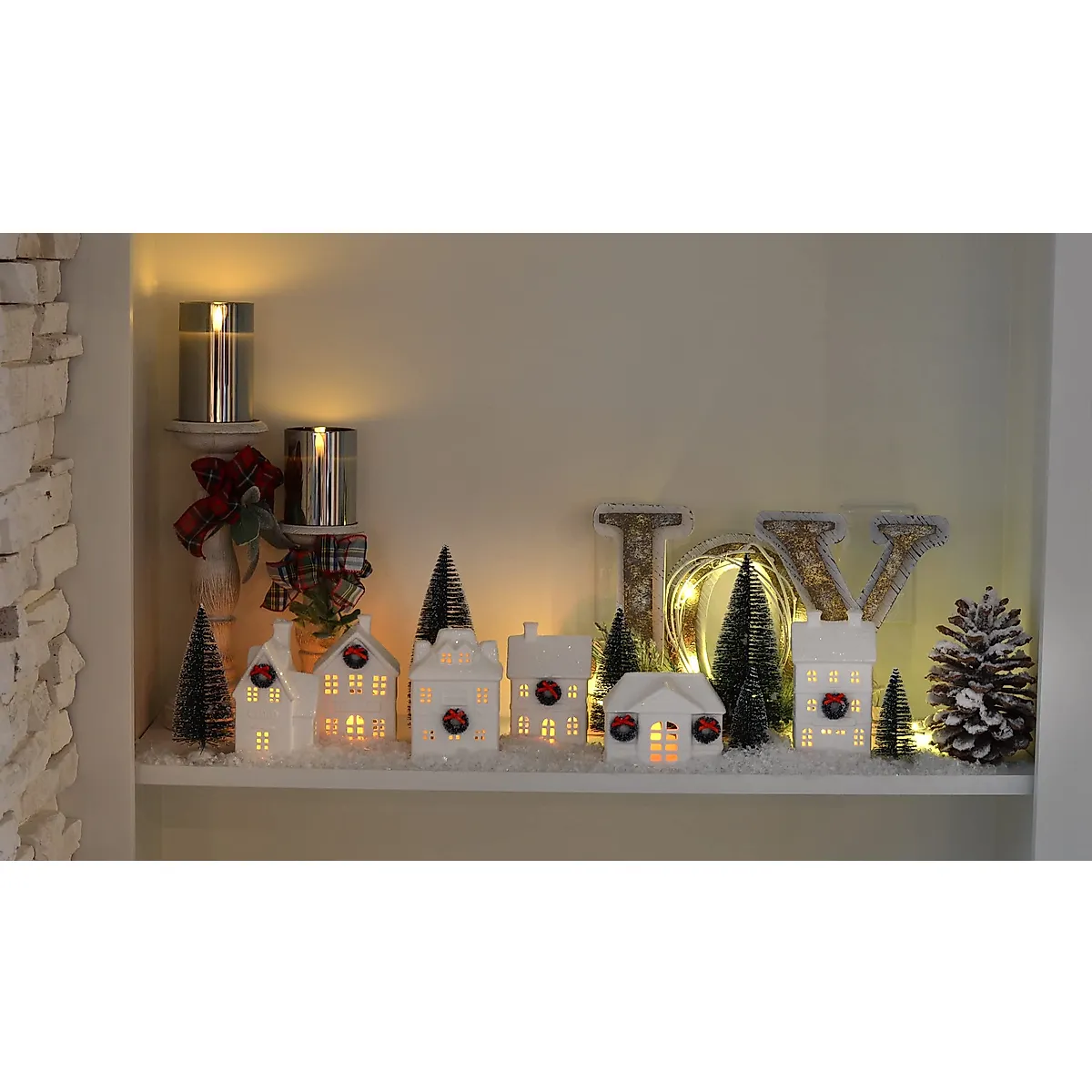 Mark Feldstein & Associates Holiday Wreath Village with Trees, White Unglazed Porcelain LED Christmas Figurines, 18 Piece Set