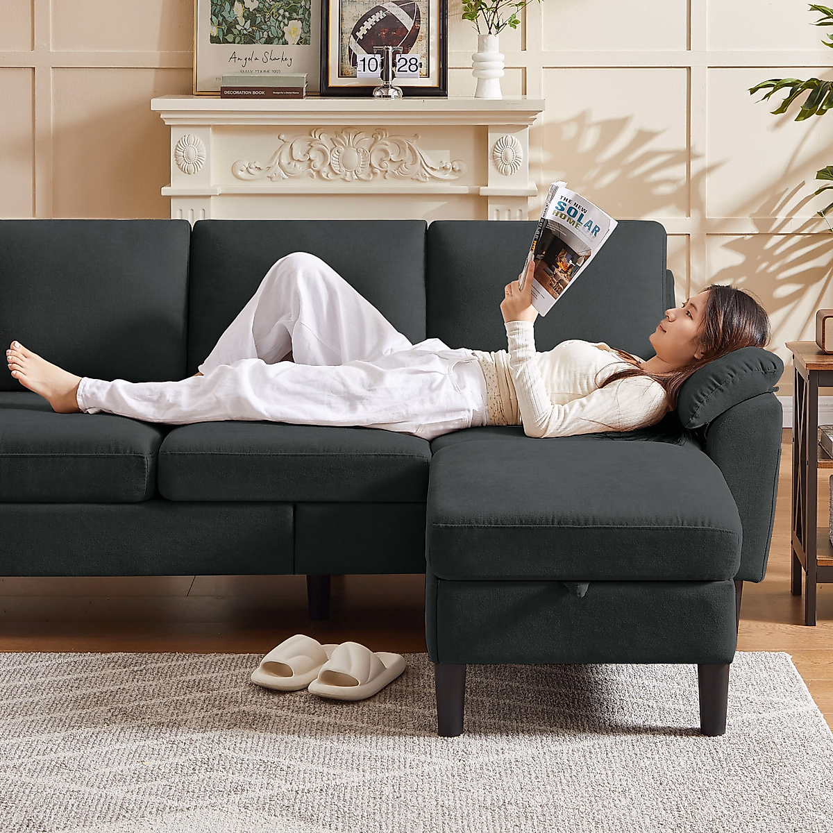 Pingliang Home 79" Convertible Sectional Sofa, Small L Shaped 3-Seat Couch with Reversible Chaise, Modern Linen Sofas Couches for Living Room, Apartment and Small Space, Black