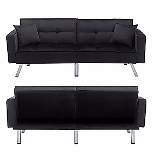 civama Futon Sofa Bed, 74" Modern Velvet Convertible Folding Lounge Couch, Upholstered Twin Size Sleeper Sofa with Arm 2 Pillows Split Back Design and Silver Metal Legs for Compact Space, Black